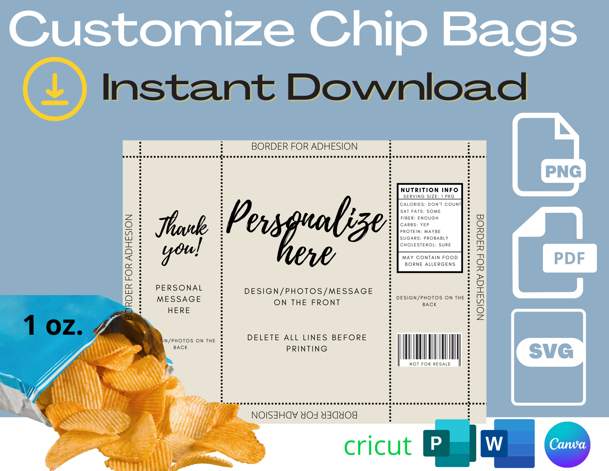 Custom Chip Bag Template, Editable Party Favor Wrapper, Printable Bag ...