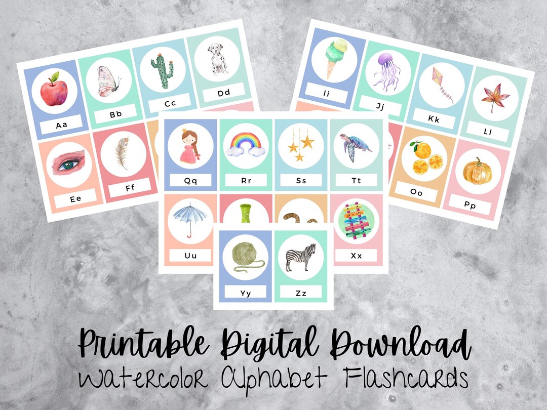 Watercolor Alphabet Letter Flashcards Preschool, Toddler, Kindergarten ...