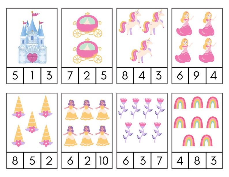 Princess Flashcards Counting Activity Matching Game Learning to Count ...