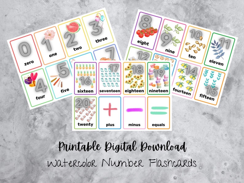 Printable Watercolor Number Flashcards 0-20 Toddler, Preschool ...