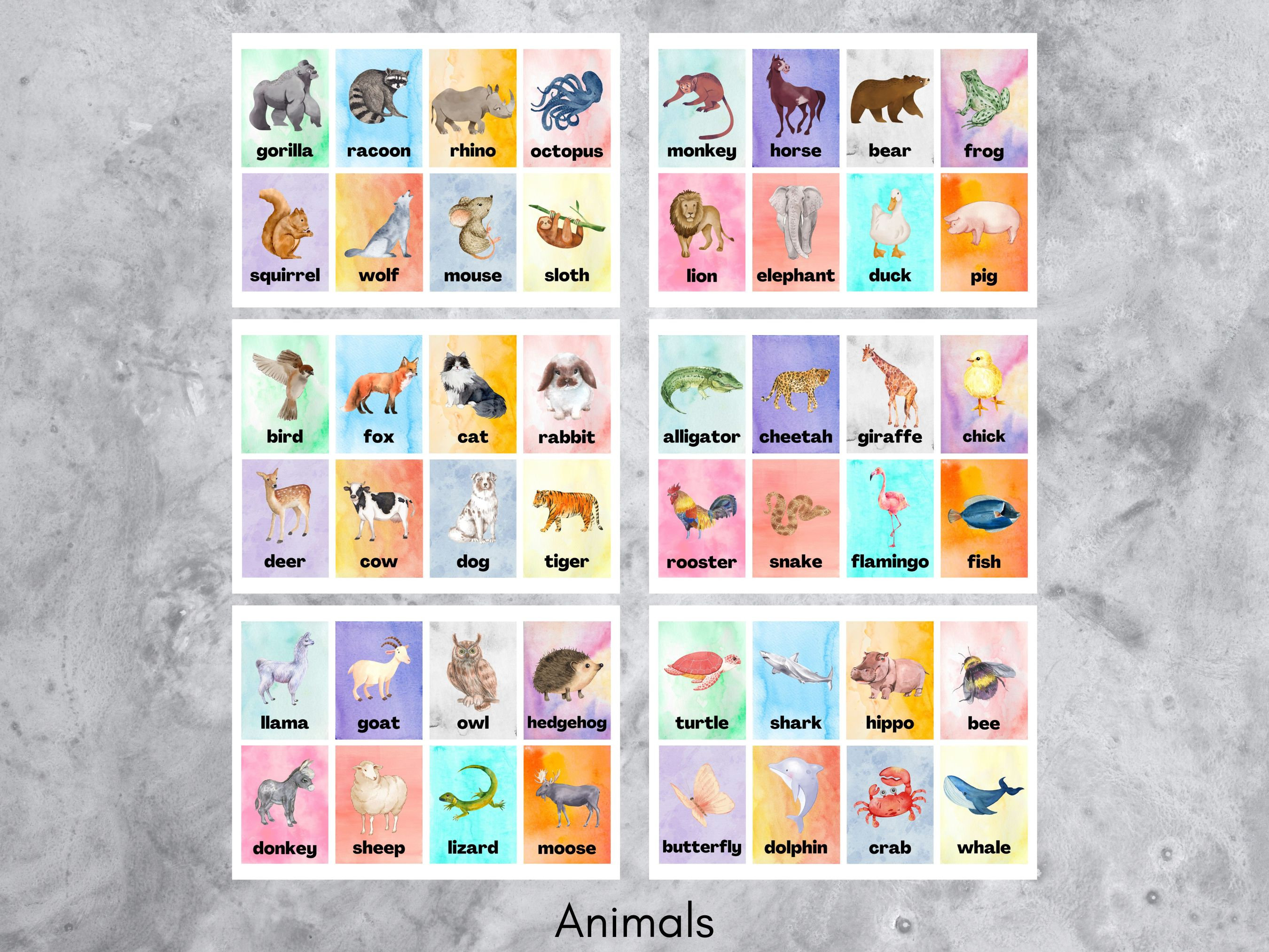 SET OF 5 Printable Watercolor Flashcards Animals Alphabet - Etsy