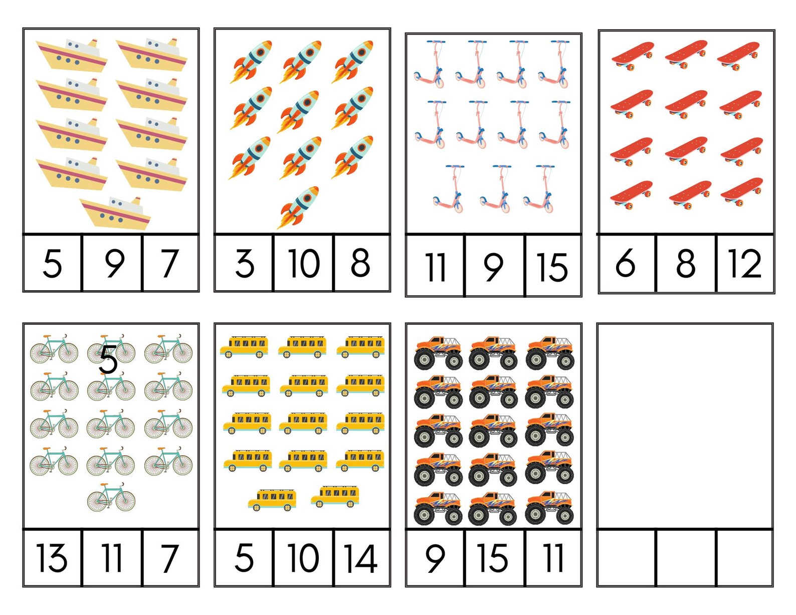 Counting Flashcards 0 to 15 Transportation Theme Pre-school Toddler ...