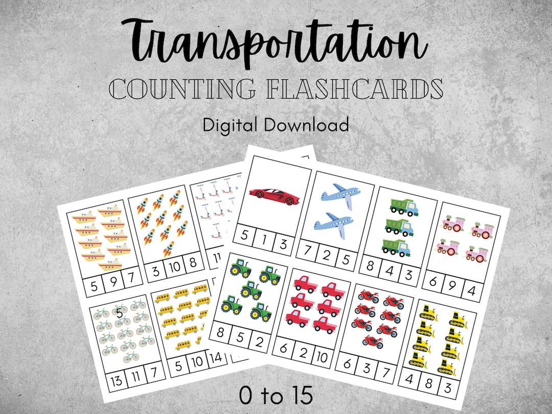 Counting Flashcards 0 to 15 Transportation Theme Pre-school Toddler ...