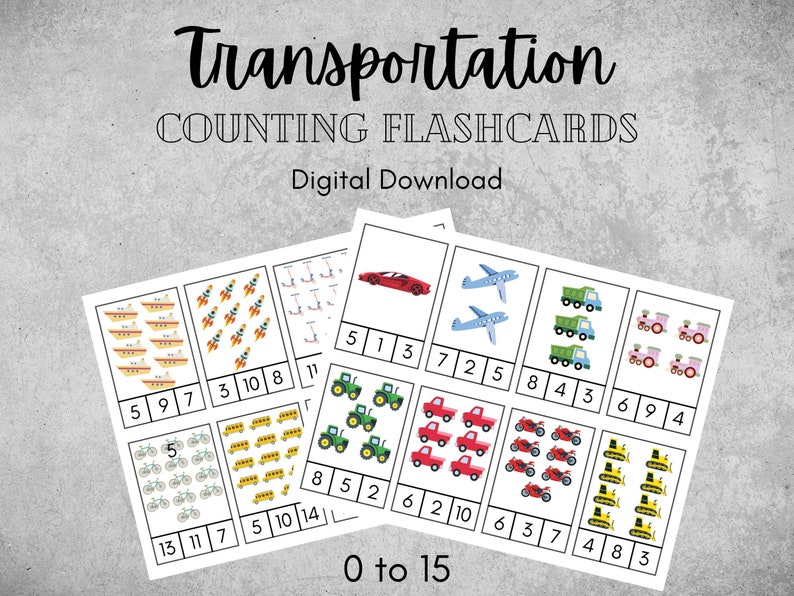 Counting Flashcards 0 to 15 Transportation Theme Pre-school Toddler ...