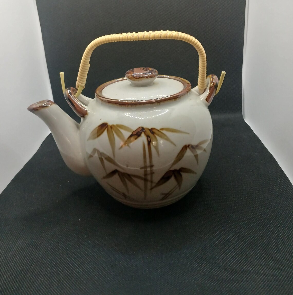 Vintage Porcelain Himark Teapot Bamboo Handle Leaf Design Made in ...