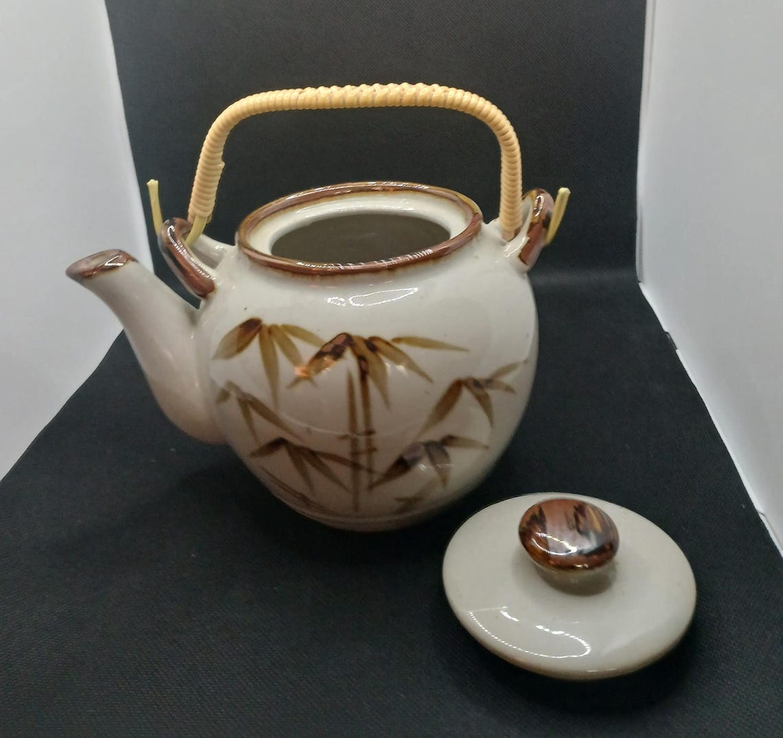 Vintage Porcelain Himark Teapot Bamboo Handle Leaf Design Made in ...