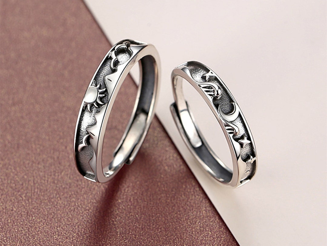 Sun Moon Star Couple Rings Boyfriend Girlfriend Matching Band Silver ...