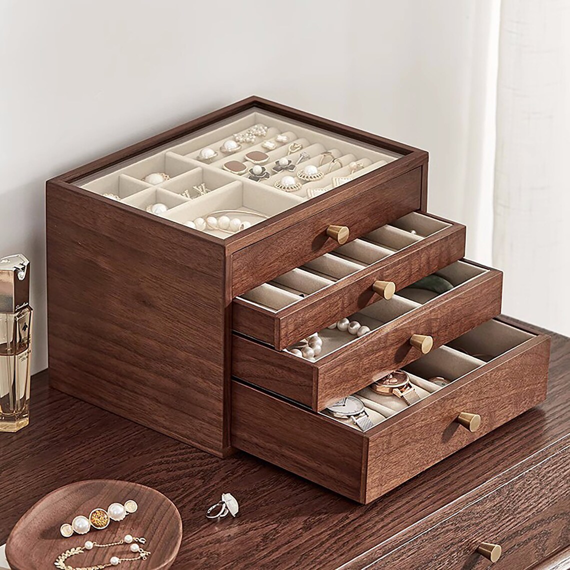 Personalized 5 Layer Glass Lid Jewelry Box Large Wooden - Etsy