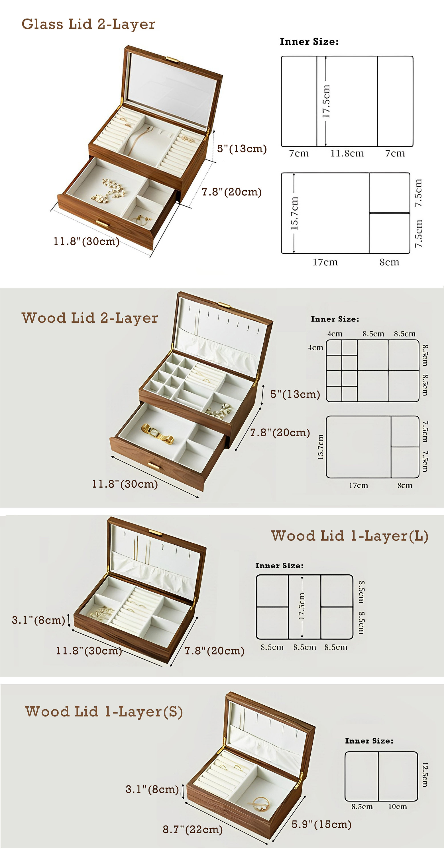 Glass Lid 2 Layer Jewelry Box With Drawer Solid Walnut Wood - Etsy