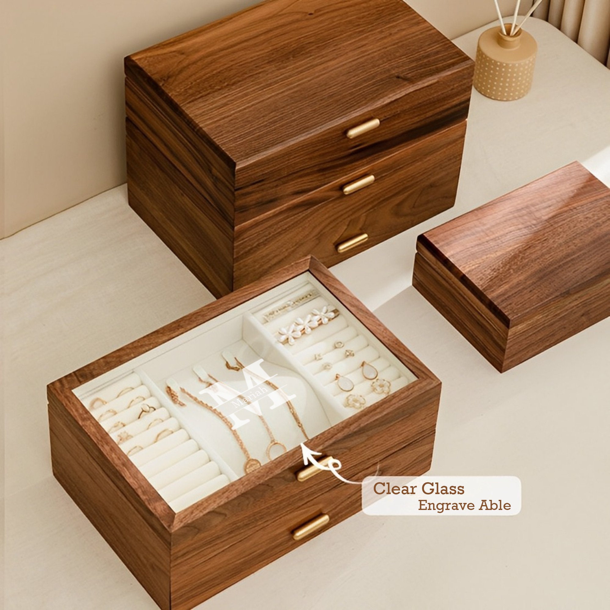 Glass Lid 2 Layer Jewelry Box With Drawer Solid Walnut Wood - Etsy