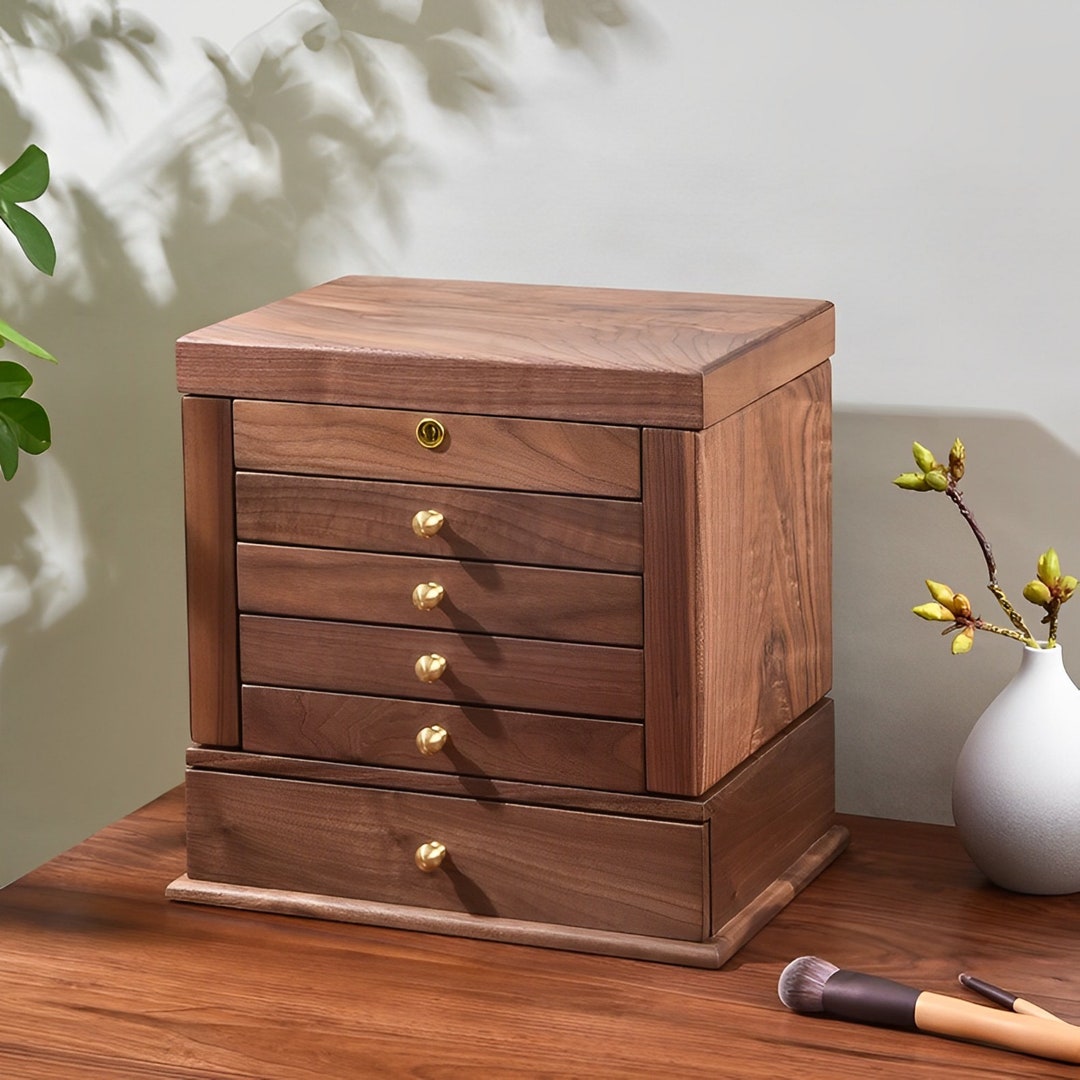 Luxury Solid Walnut Extra Large Vintage Jewelry Box, 6 Layer Wooden ...