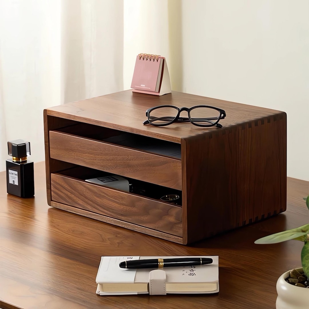 Custom Engraved Large Wooden 2 Layer Table Top Storage Box With Drawer ...