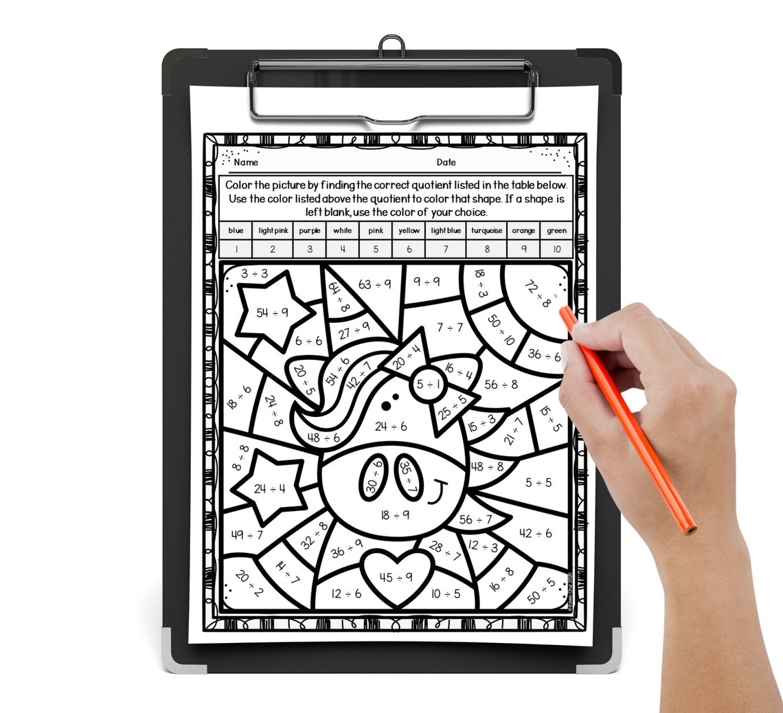 Unicorns Division Color by Number Worksheets 3rd Grade Division Math ...