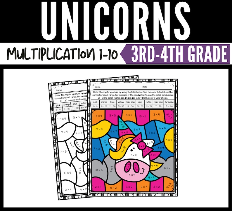 Unicorn Color by Number Multiplication Worksheets, 3rd-4th Grade (PDF ...