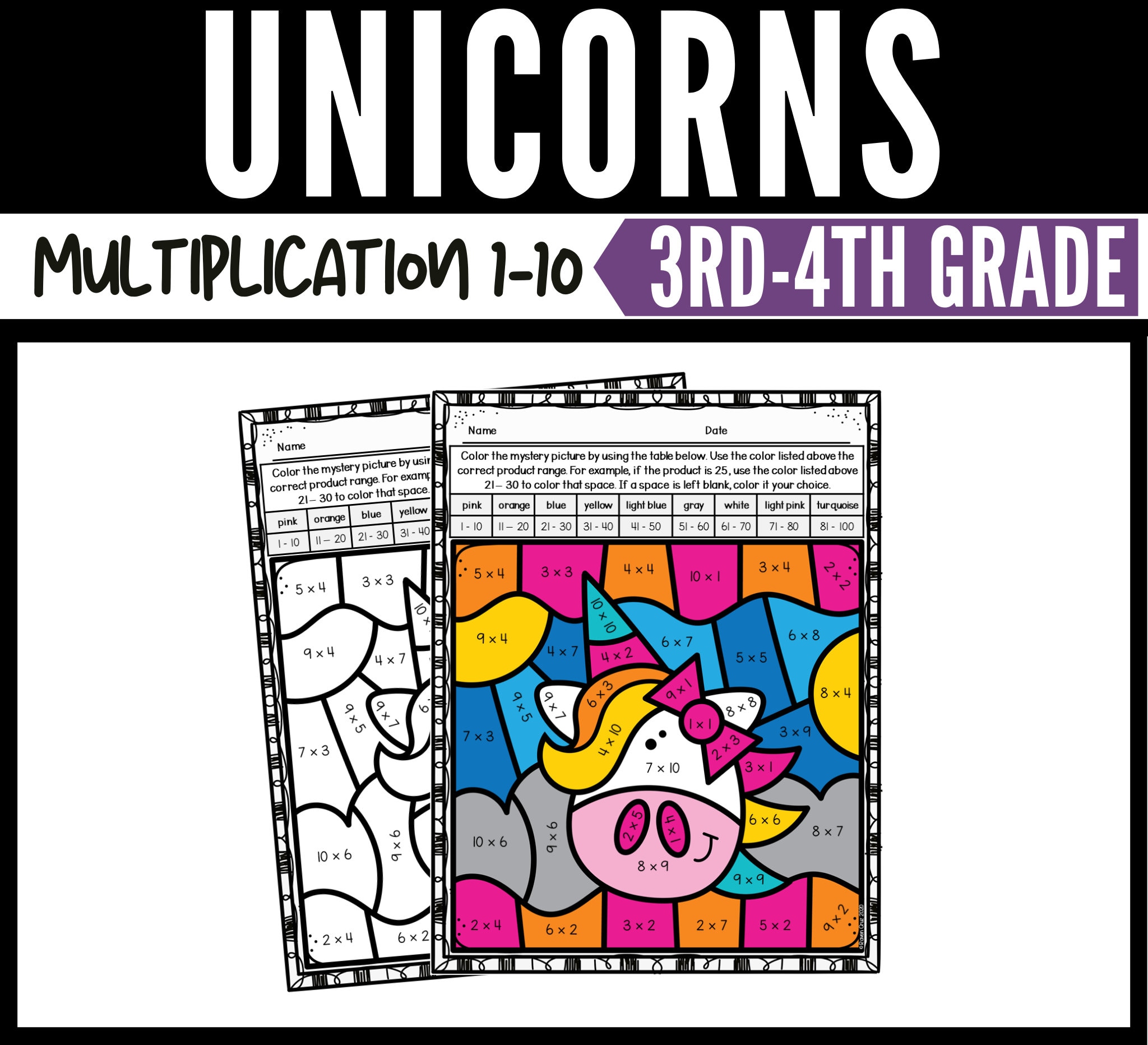 Unicorn Color by Number Multiplication Worksheets 3rd Grade Math ...