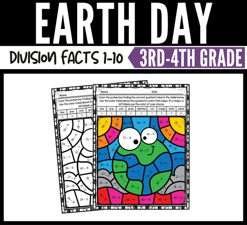 Earth Day Division Color by Number Worksheets for 3rd Grade and 4th ...