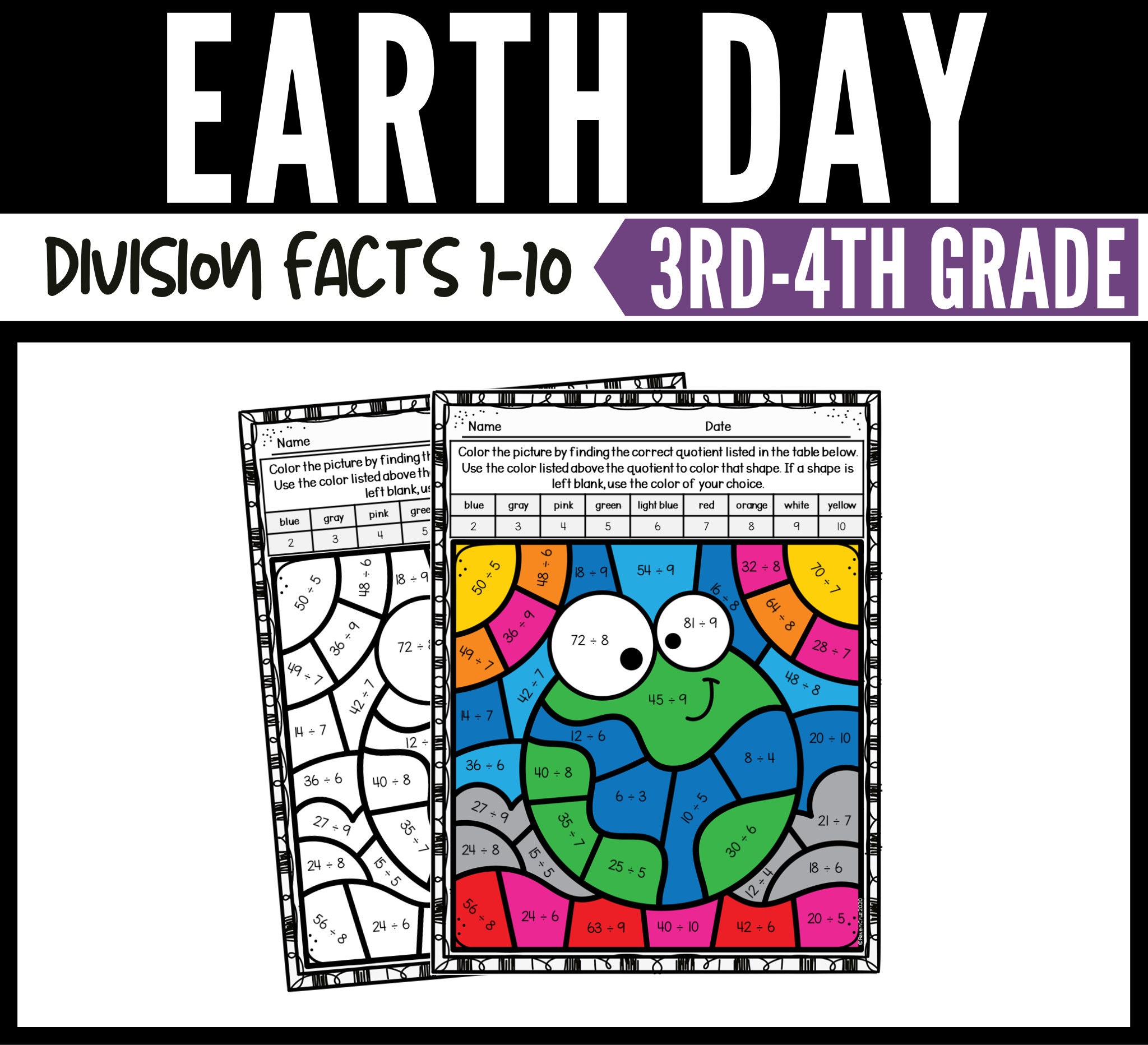 Earth Day Division Color by Number Worksheets for 3rd Grade and 4th ...