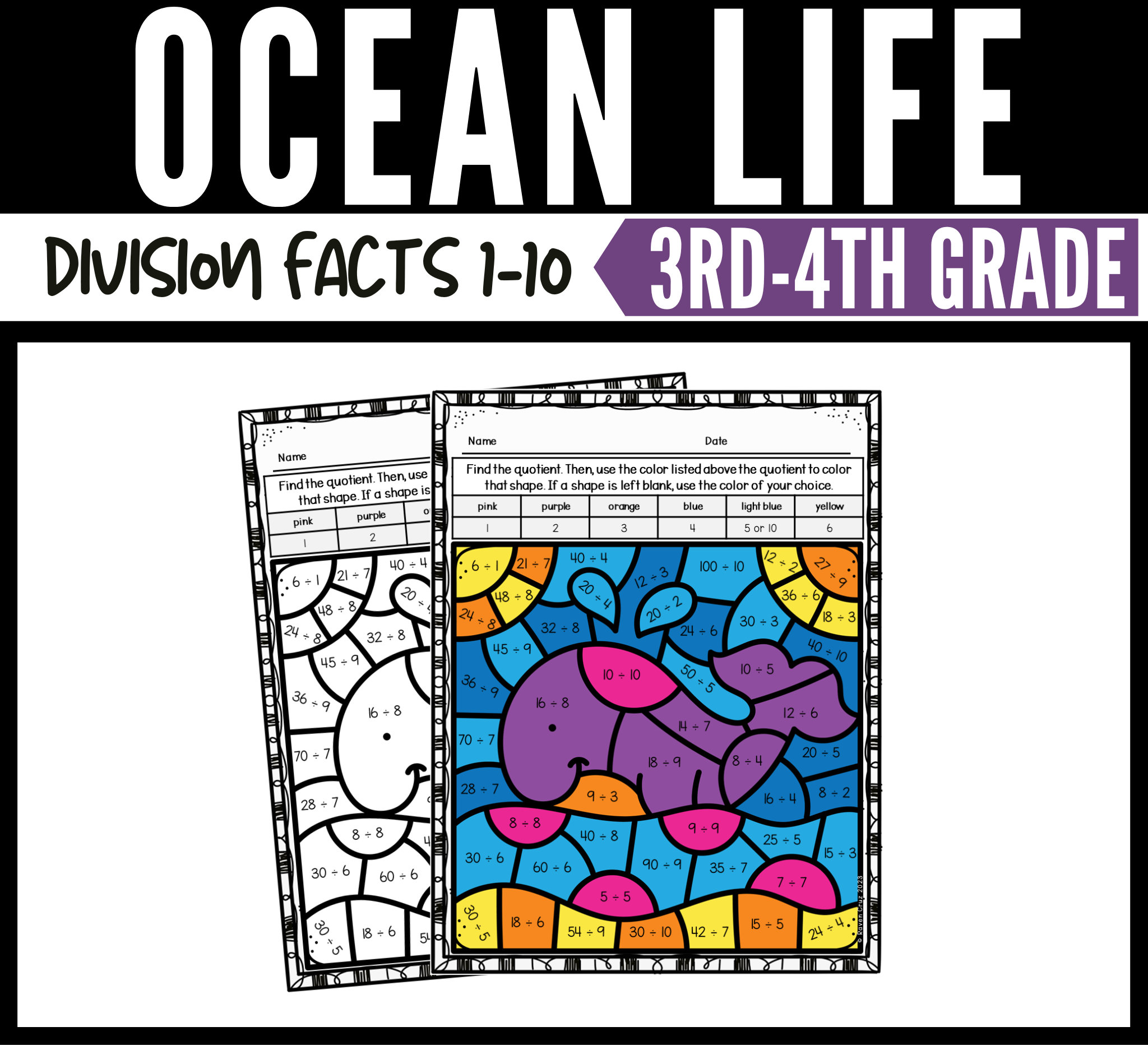 Sea Animals Division Color by Number Worksheets - Etsy