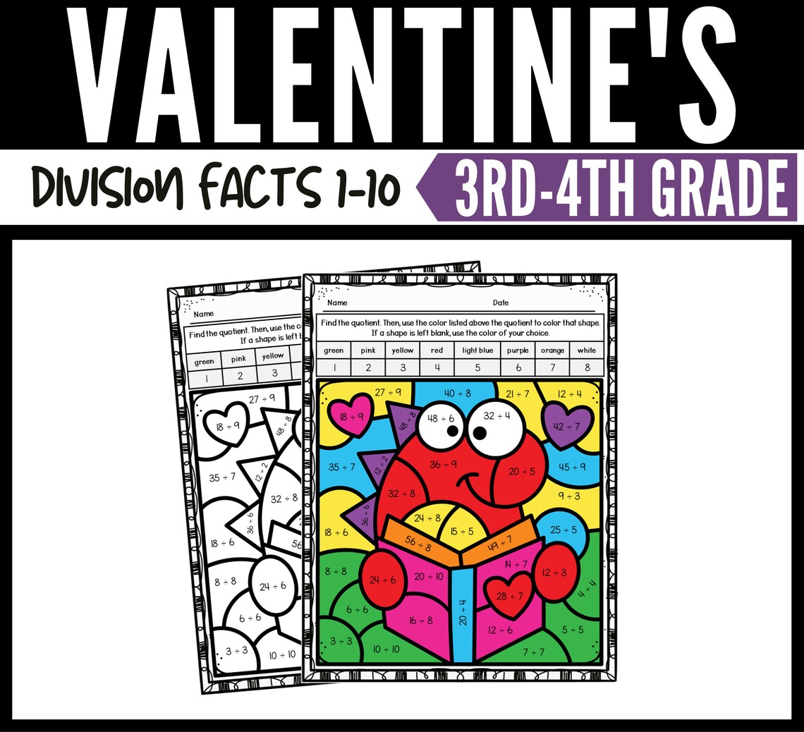 Valentine's Day Color by Number Division Worksheets for 3rd Grade and ...