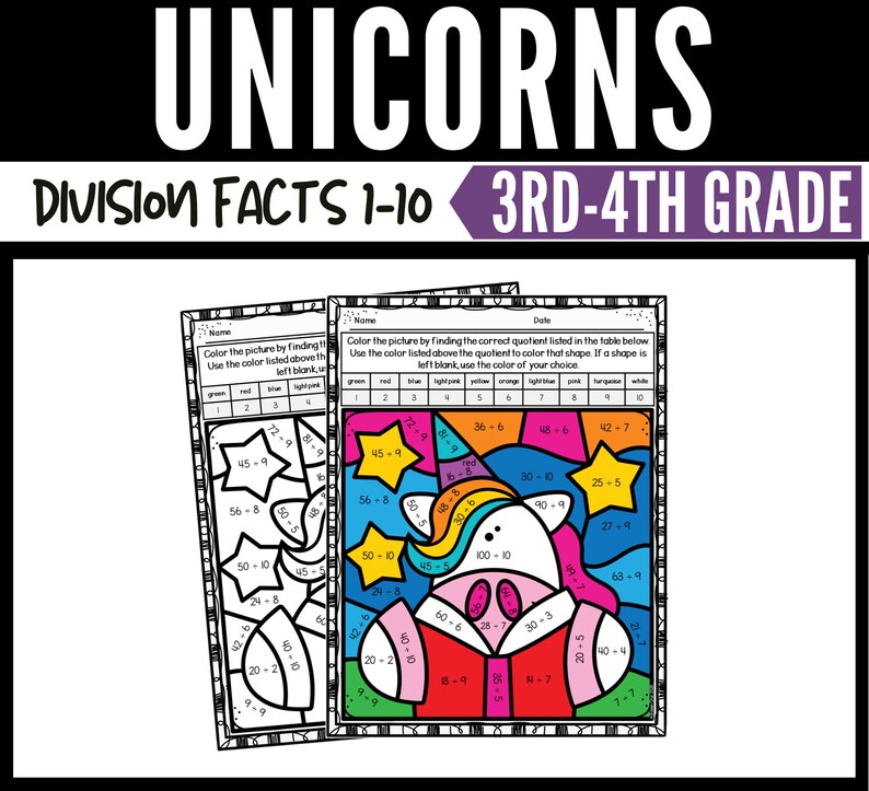 Unicorns Division Color by Number Worksheets | 3rd Grade Division Math ...
