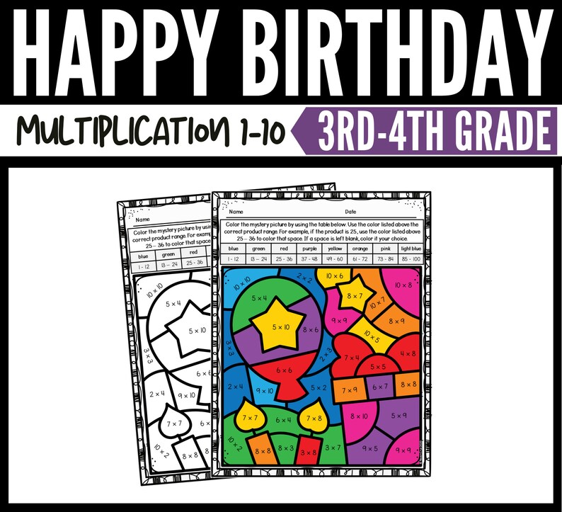 Happy Birthday Multiplication Color by Number Worksheets for 3rd Grade ...