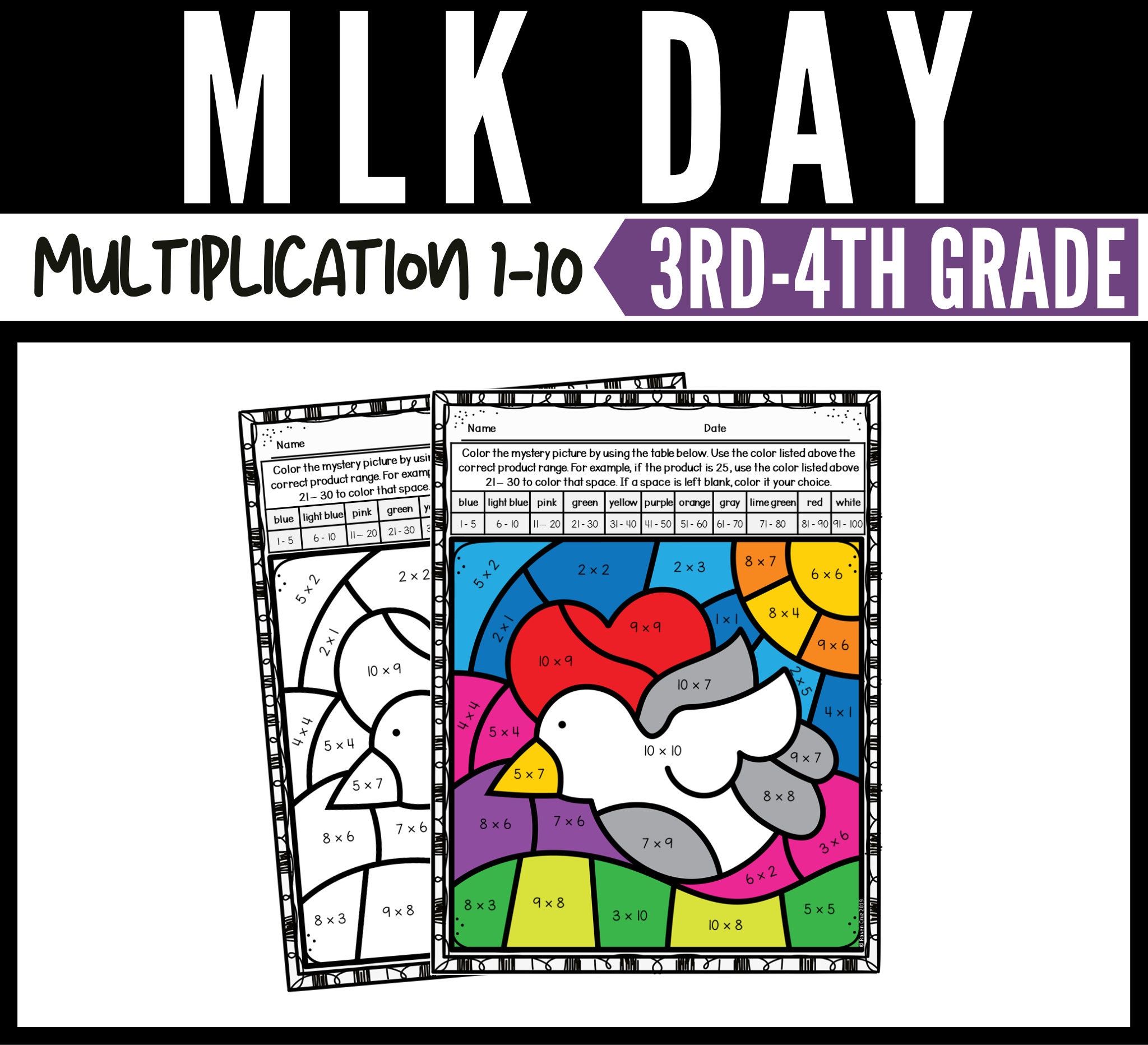 Martin Luther King Day Multiplication Color by Number for 3rd - Etsy