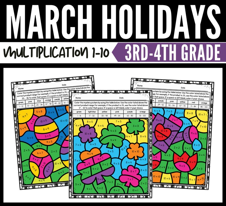 March Holiday Color by Number Multiplication Worksheets | St. Patrick's ...