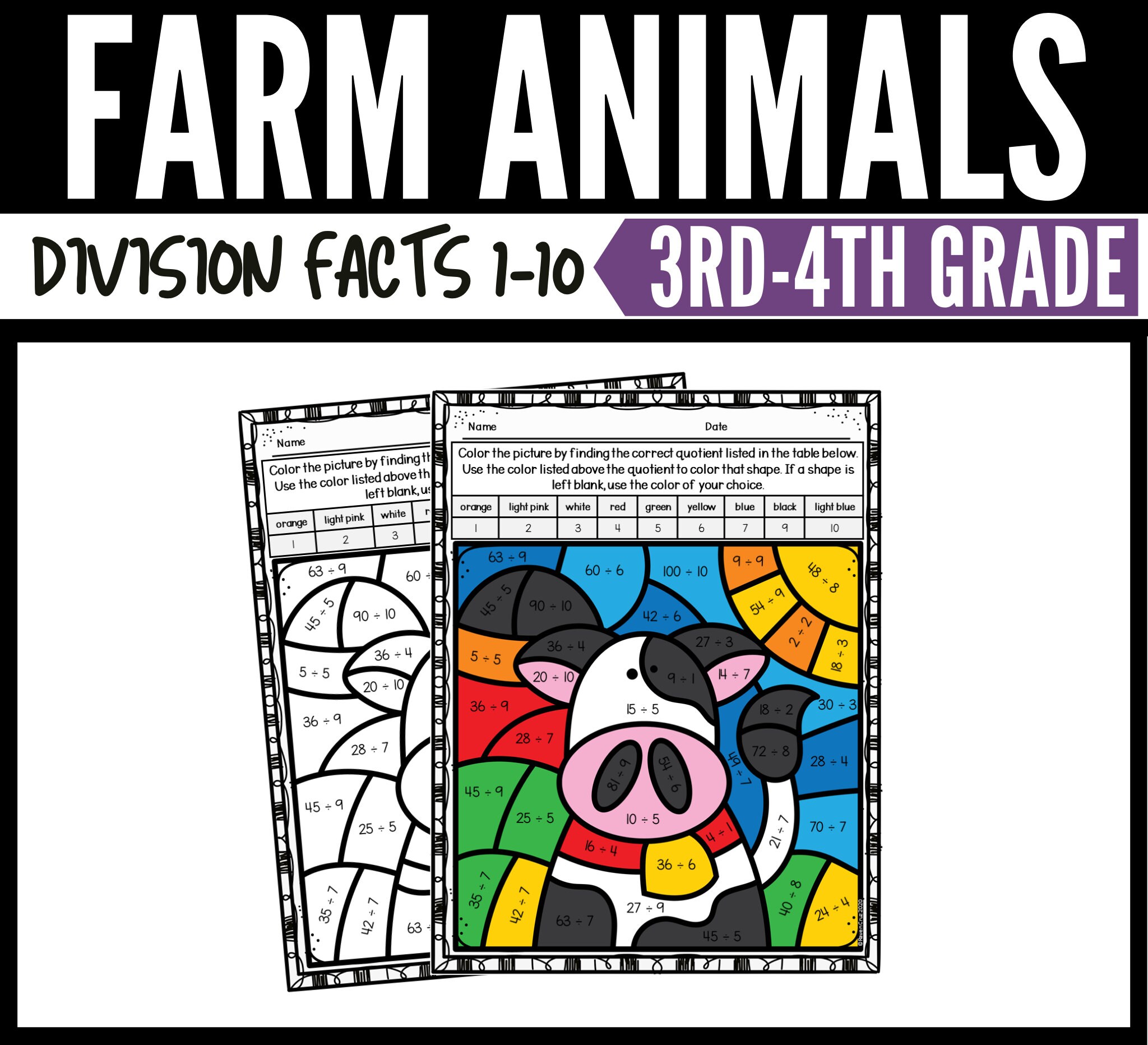 Farm Animals Division Color by Number Worksheets | 3rd Grade Math ...