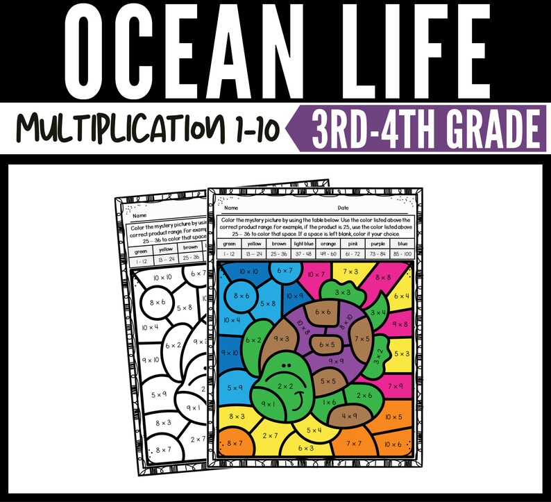 Sea and Ocean Animal Color by Number Multiplication Worksheets | - Etsy