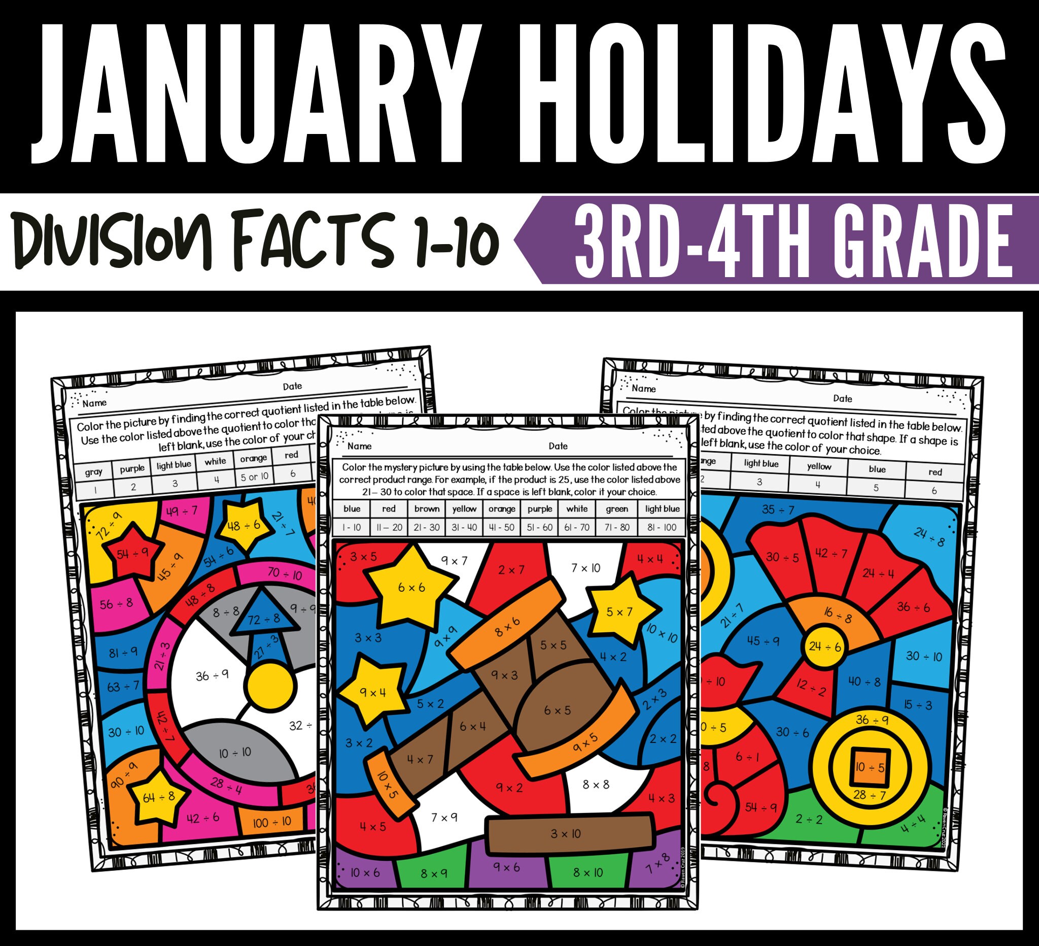 Division Color by Number Worksheets January Holidays New Year Lunar New ...