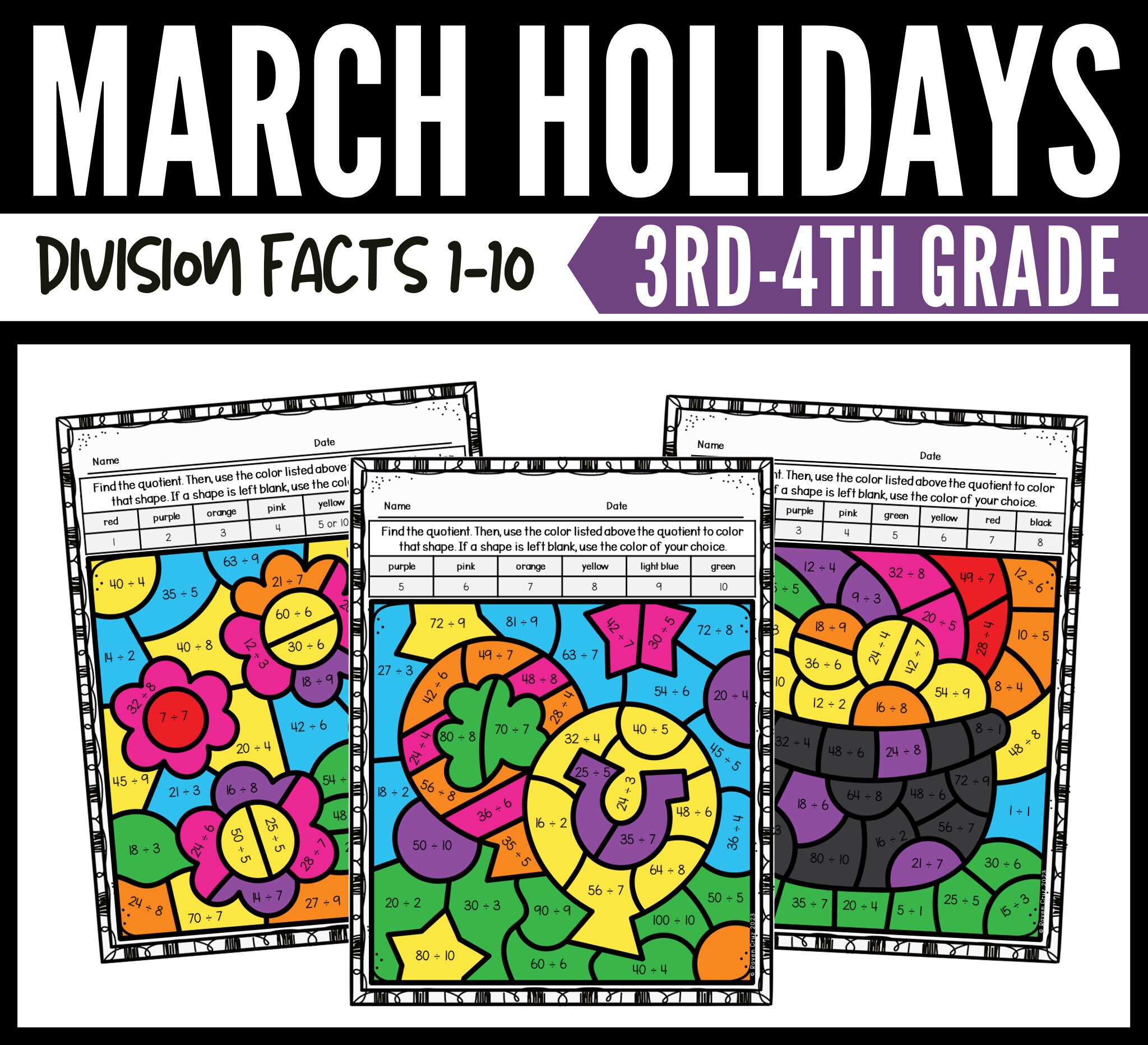 March Holiday Color by Number Division Worksheets St. Patrick's Day ...