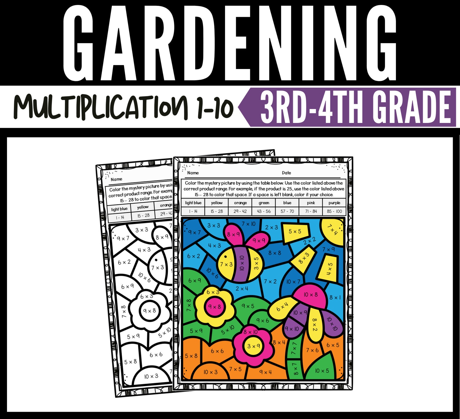 Gardening Multiplication Color by Number Worksheets for 3rd Grade and ...