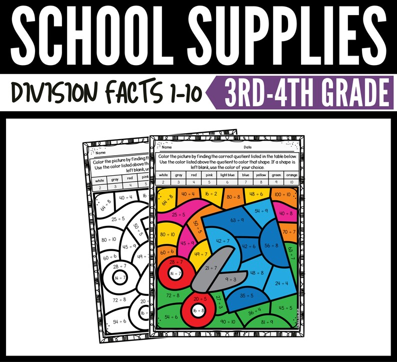 Back to School Supplies Division Color by Number Worksheets for 3rd ...