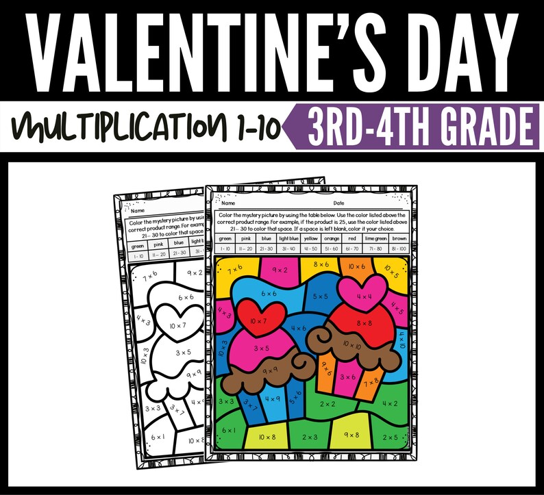 Valentine's Day Color by Number Multiplication Worksheets for 3rd-grade ...