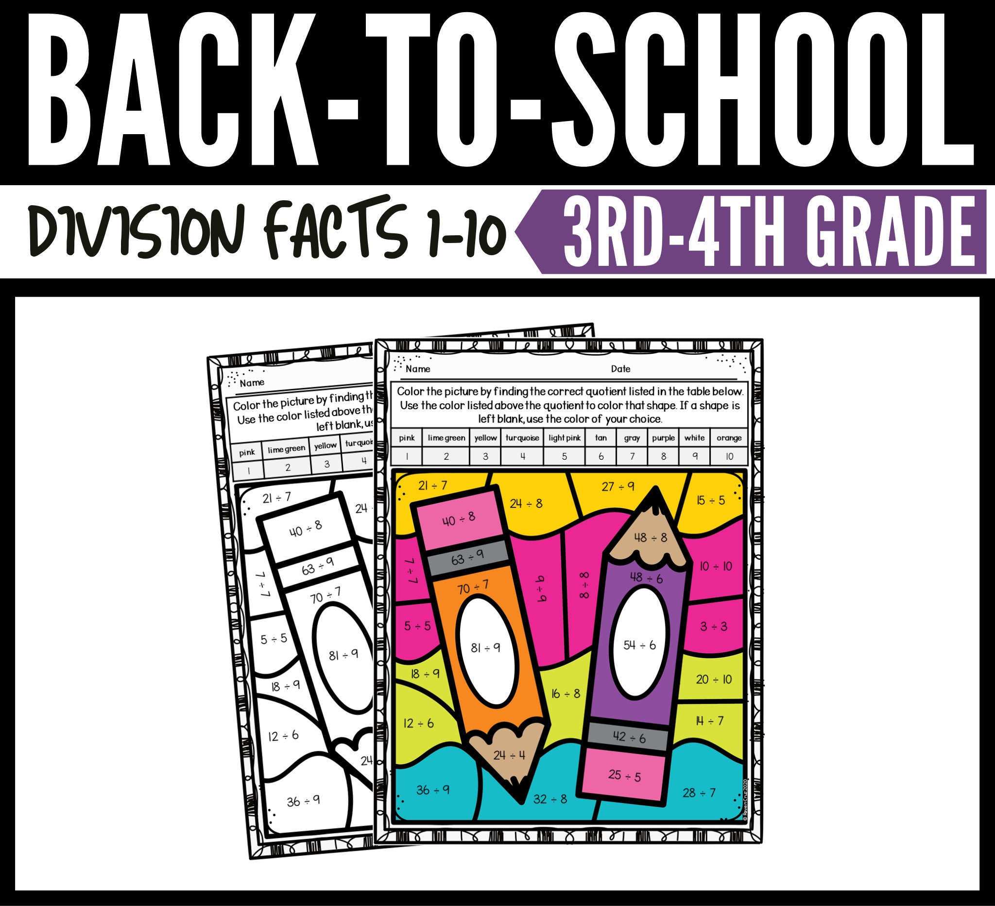 Back to School Division Color by Number Worksheets for 3rd Grade and ...