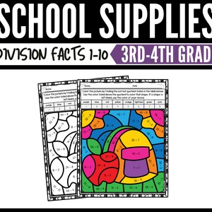 Back to School Supplies Division Color by Number Worksheets for 3rd ...