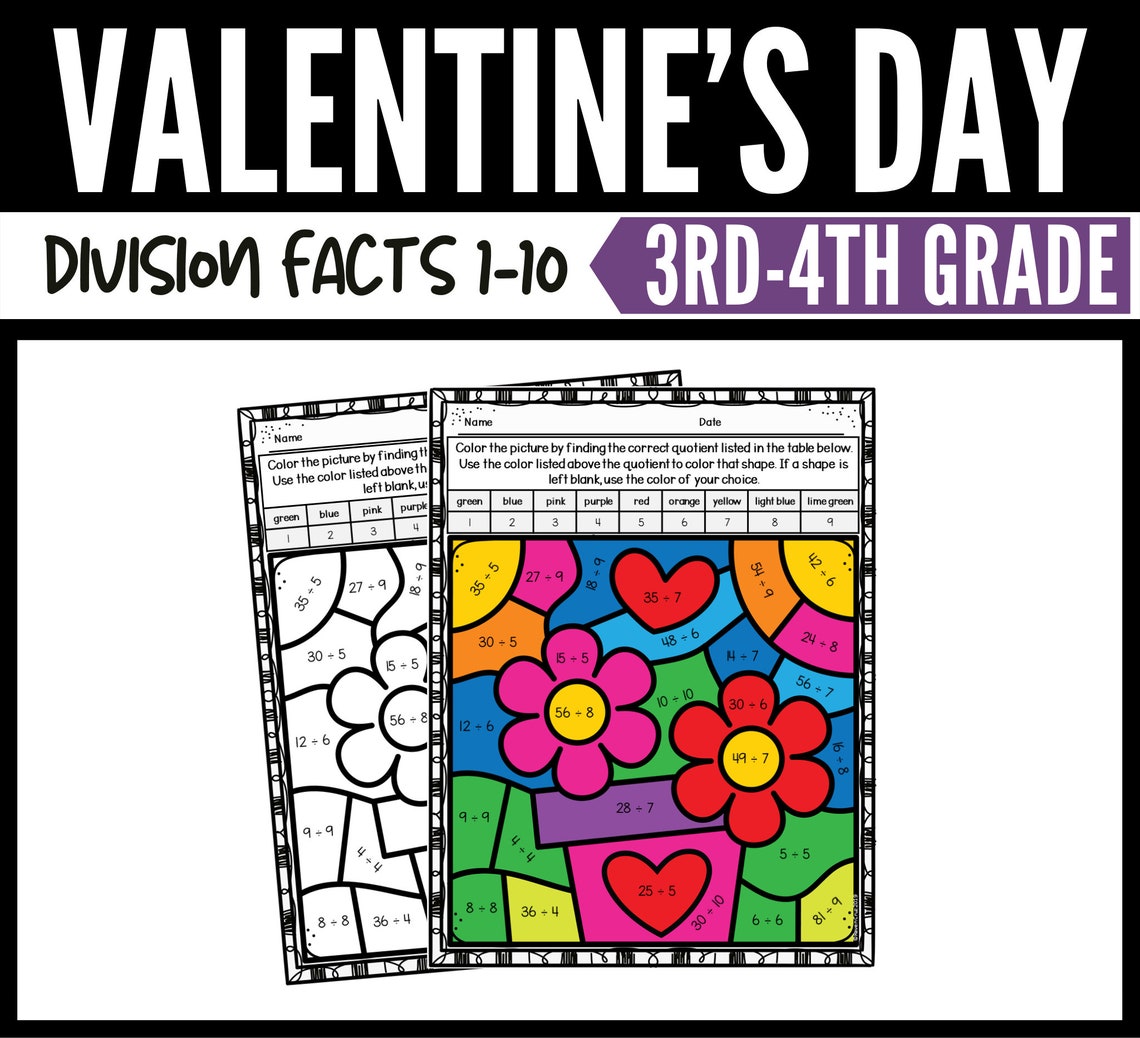 Valentine's Day Color by Number Division Worksheets for 3rd Grade and ...