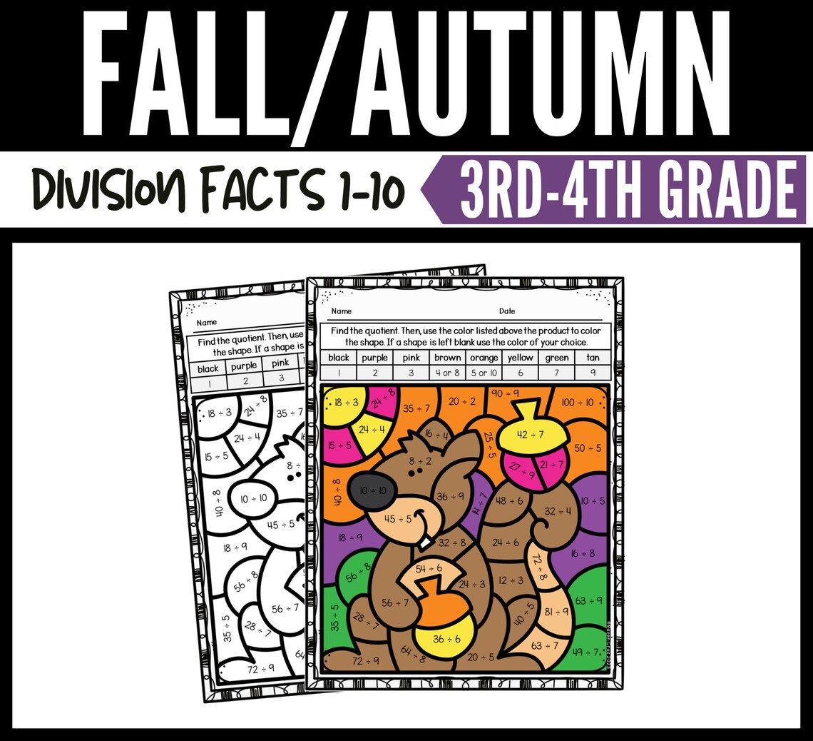 Fall Division Color by Number Worksheets for 3rd Grade and 4th Grade ...