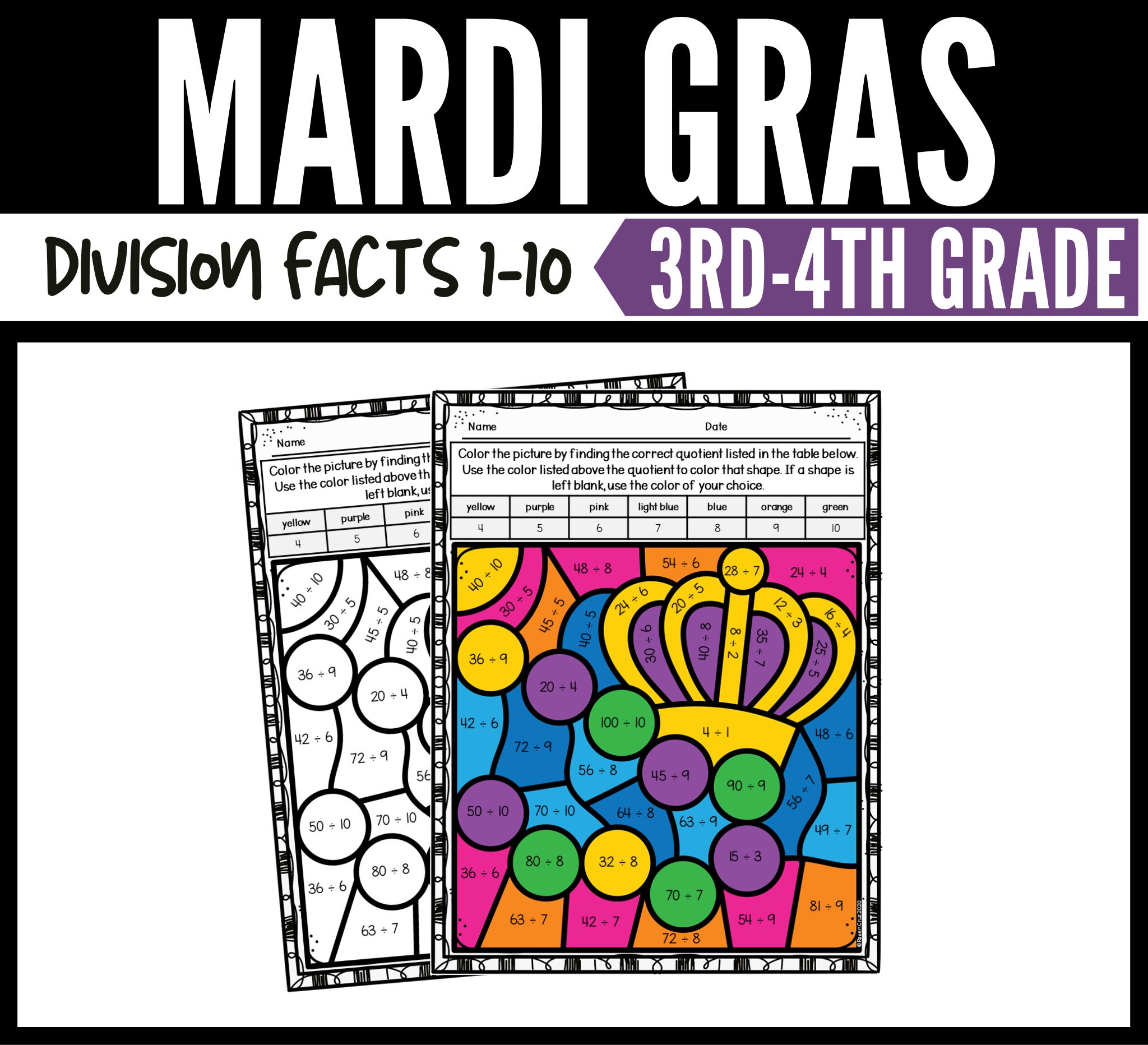 Mardi Gras Division Color by Number Worksheets for 3rd-grade and 4th ...