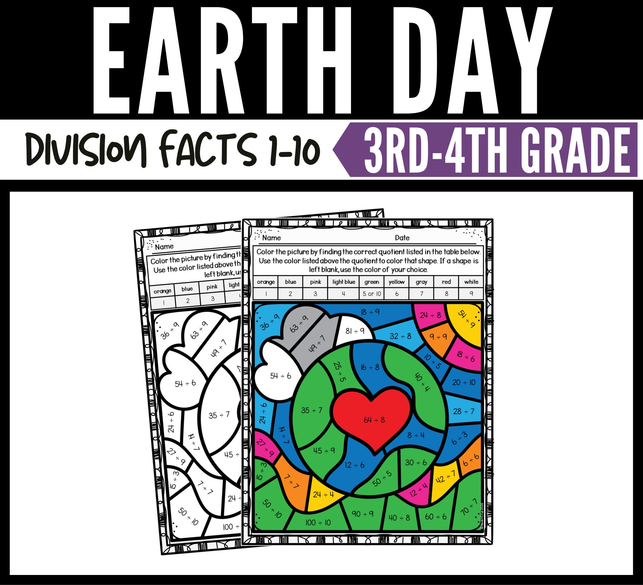 Earth Day Division Color by Number Worksheets for 3rd Grade and 4th ...