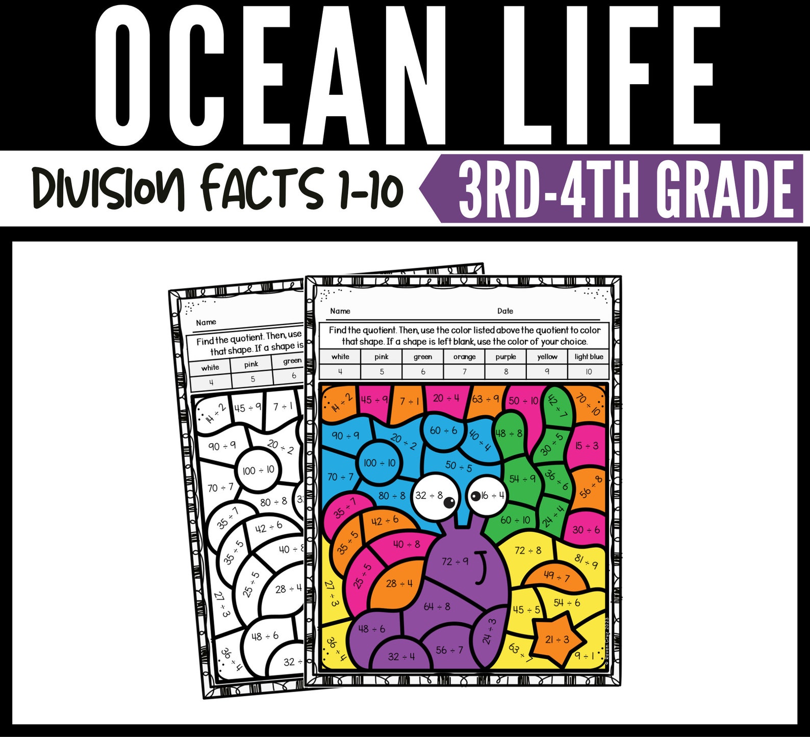 Sea Animals Division Color by Number Worksheets | - Etsy