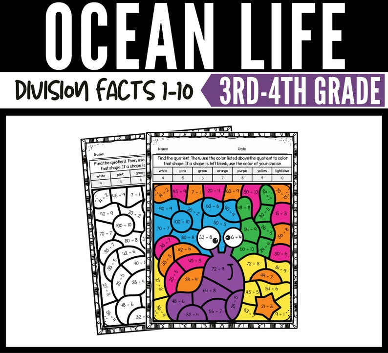 Sea Animals Division Color by Number Worksheets | - Etsy