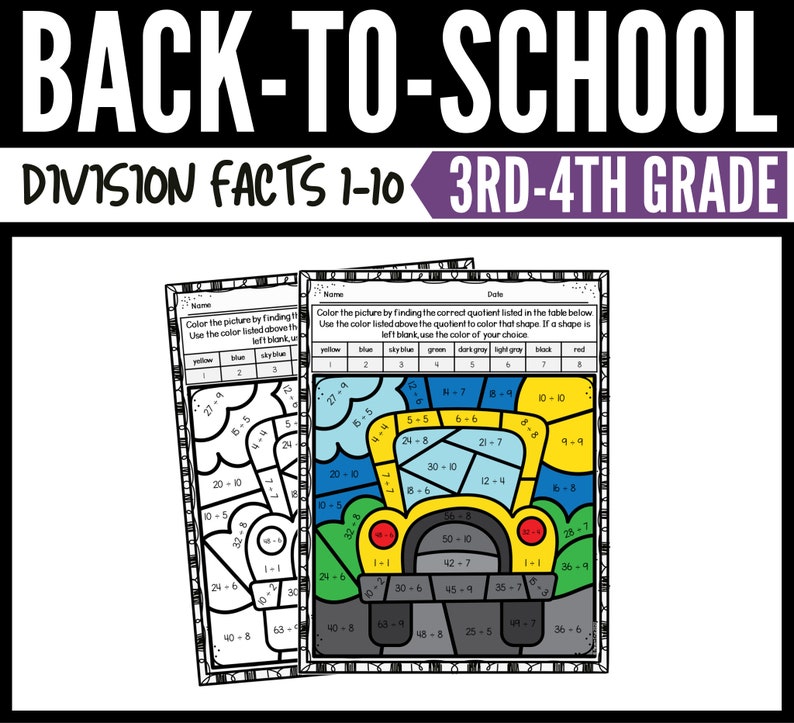 Back to School Division Color by Number Worksheets for 3rd Grade and ...