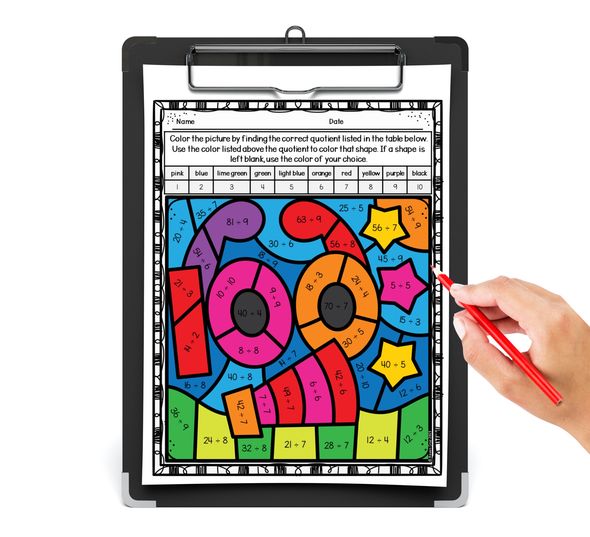 100 Days of School Division Color by Number Worksheets for 3rd Grade ...