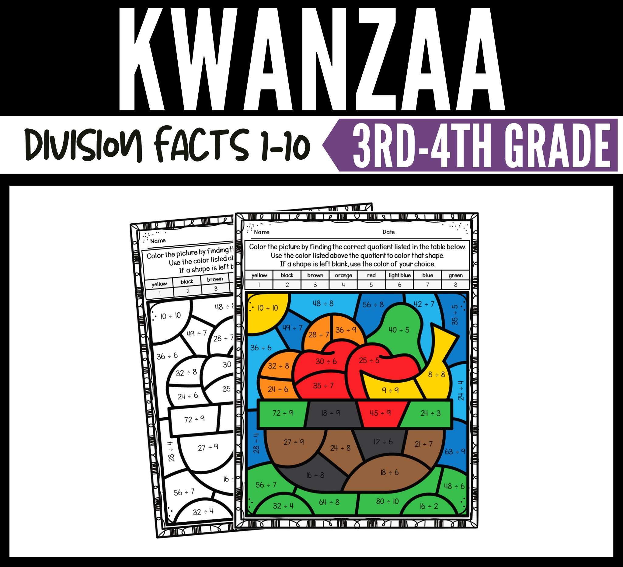 Kwanzaa Color by Number Divisionworksheets 3rd Grade and 4th Grade Math ...