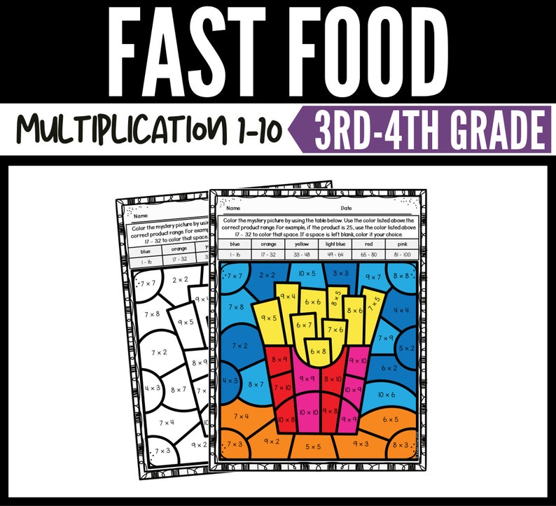 Fast Food Multiplication Color by Number Worksheets, 3rd Grade Math ...