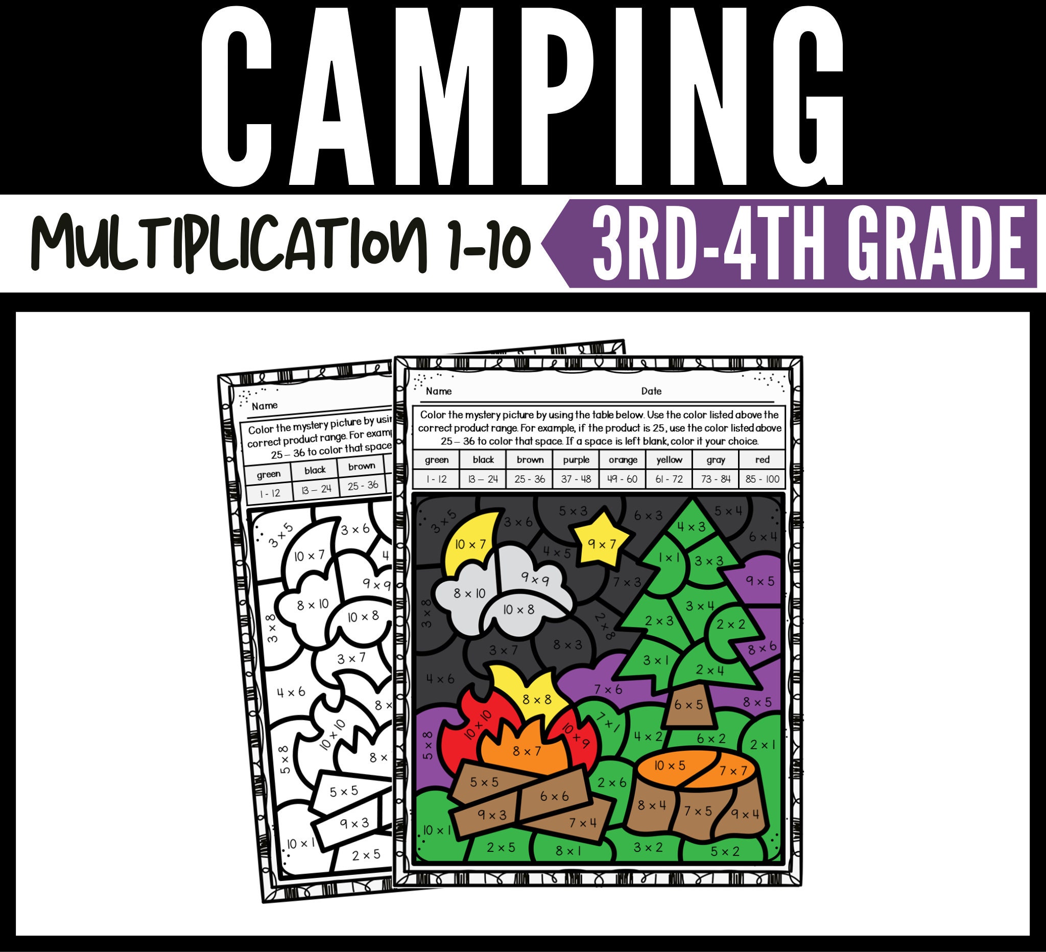 Camping Themed Multiplication Color by Number Worksheets for 3rd Grade ...