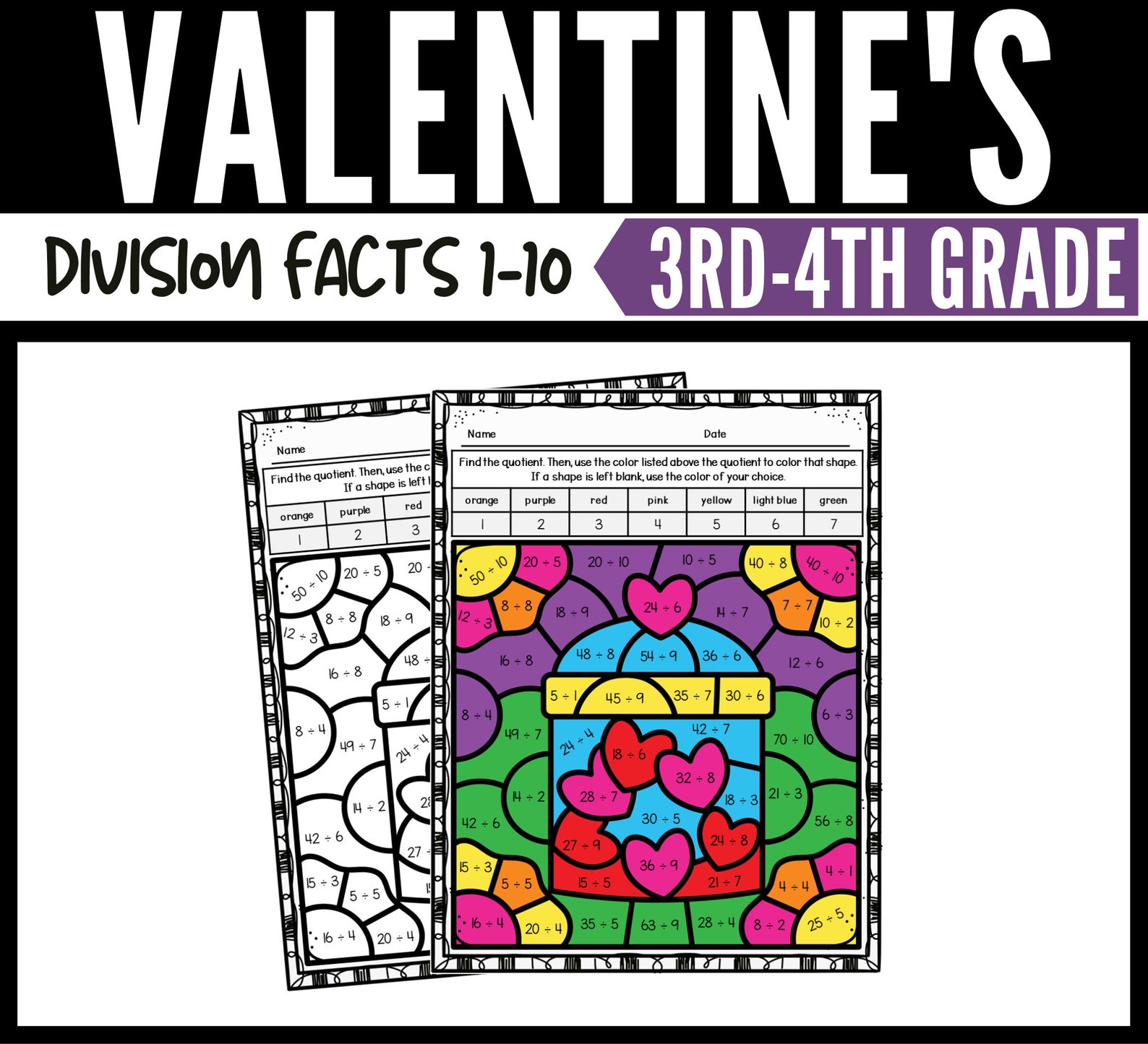 Valentine's Day Color by Number Division Worksheets for 3rd Grade and ...
