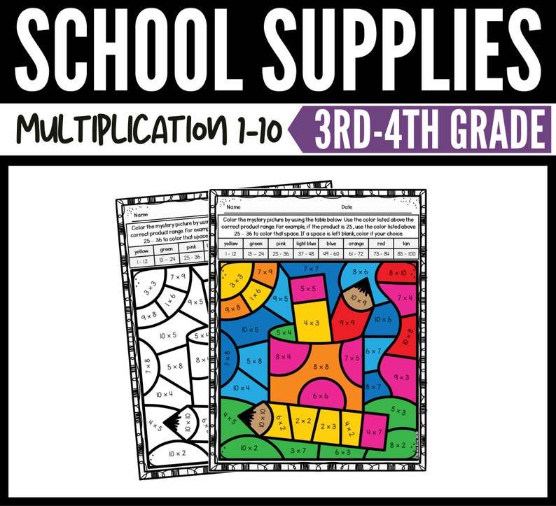 Back to School Supplies Multiplication Color by Number Worksheets for ...