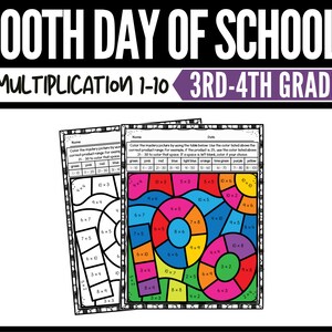 100 Days of School Multiplication Color by Number Worksheets for 3rd ...